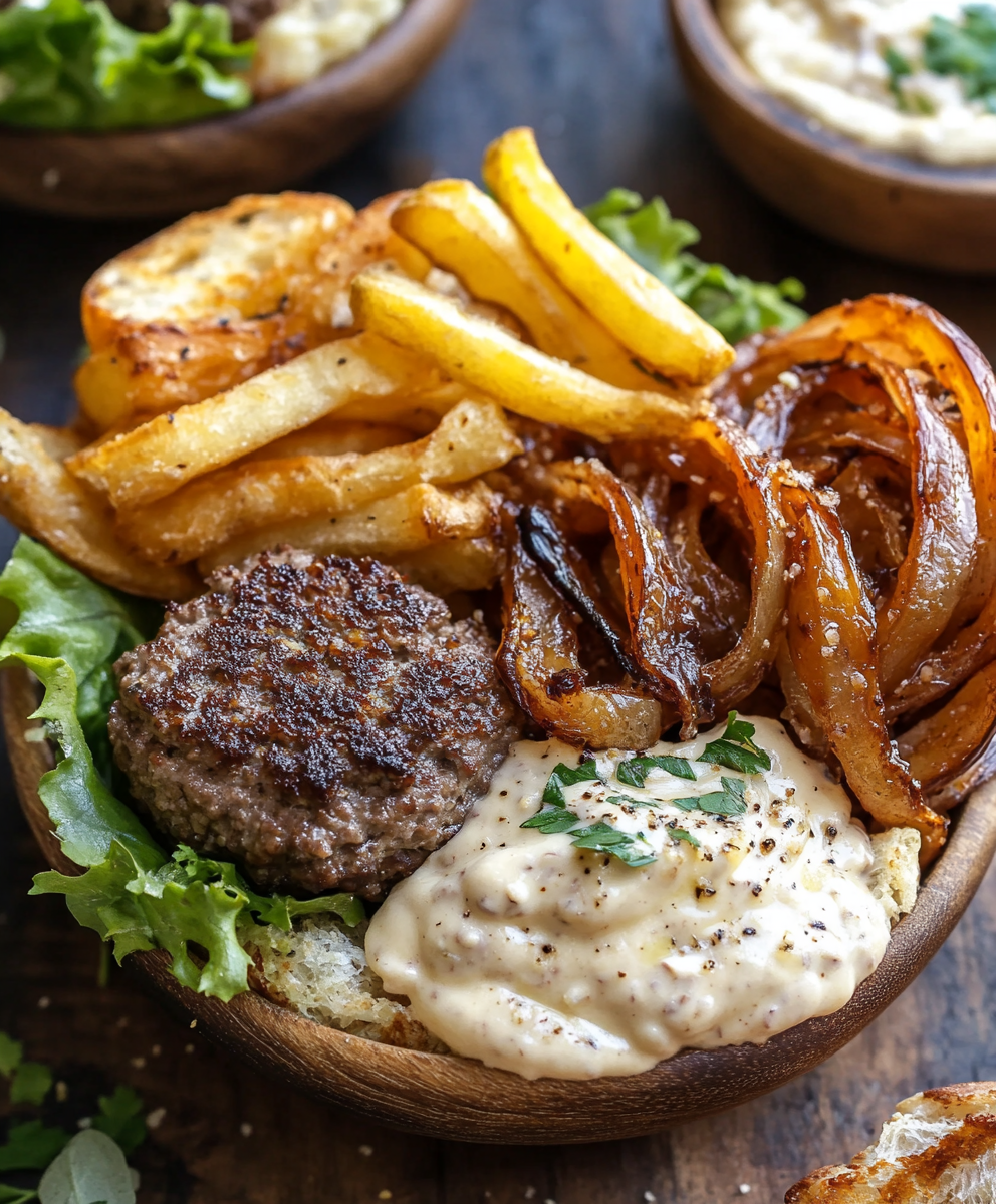 Burger Bowls with Caramelized Onion Aioli - Snack On Meat