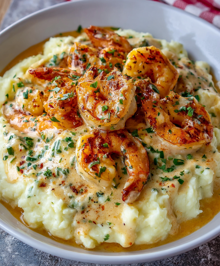 Creamy Garlic Shrimp Over Mashed Potatoes - Snack On Meat