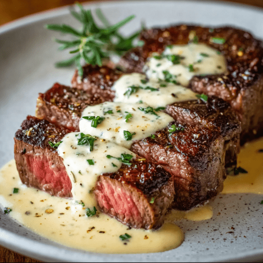 Juicy Steak with Creamy Garlic Sauce - Snack On Meat