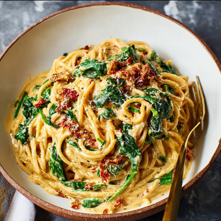 Spaghetti & Spinach with Sun-Dried Tomato Cream Sauce - Snack On Meat