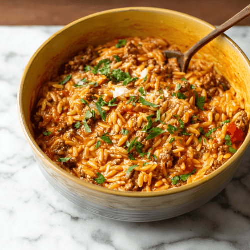 One Pot Ground Beef Orzo - Snack On Meat