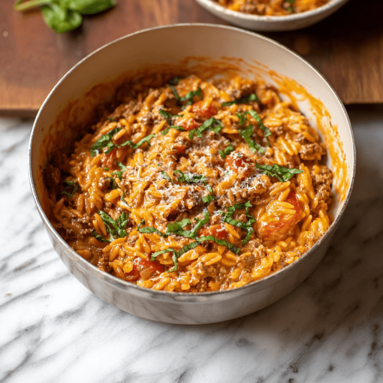 One Pot Ground Beef Orzo with Creamy Tomato Sauce - Snack On Meat