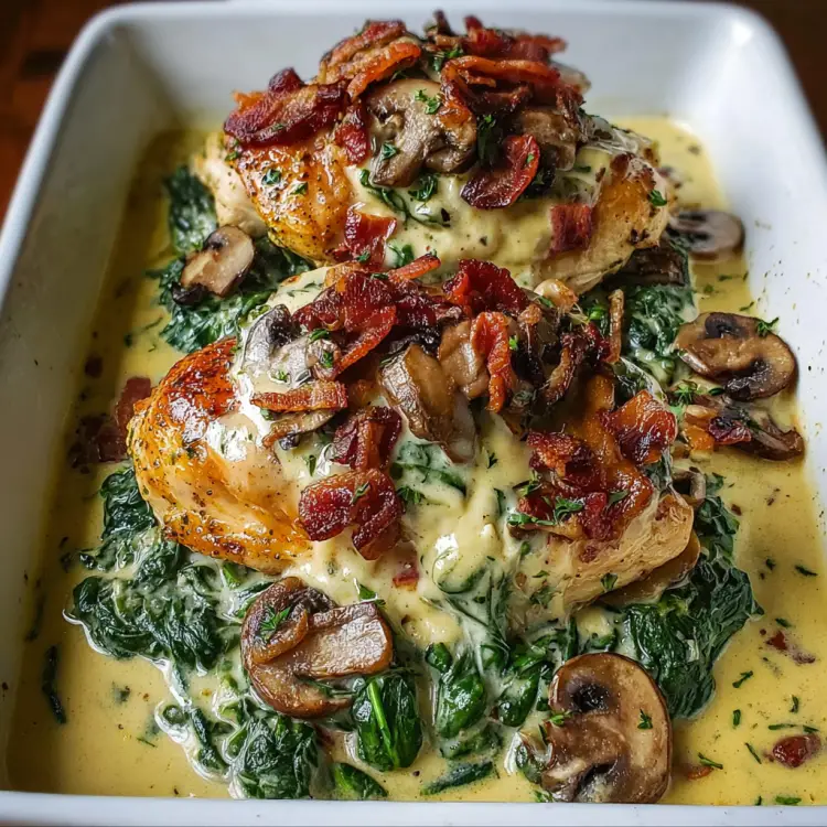 Smothered Chicken with Creamed Spinach, Bacon, and Mushrooms - Snack On ...