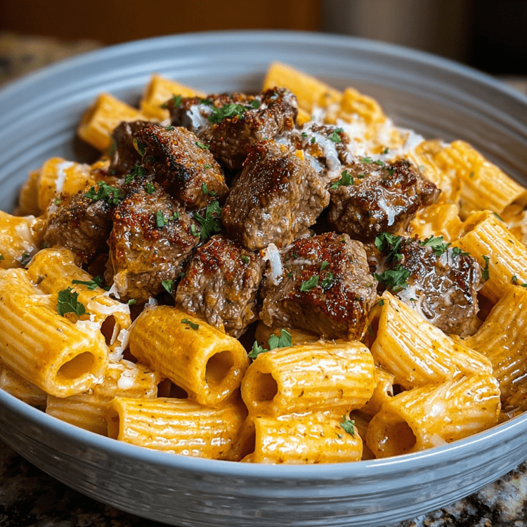Cajun Steak Tips in Cheesy Rigatoni Parmesan Sauce - Snack On Meat