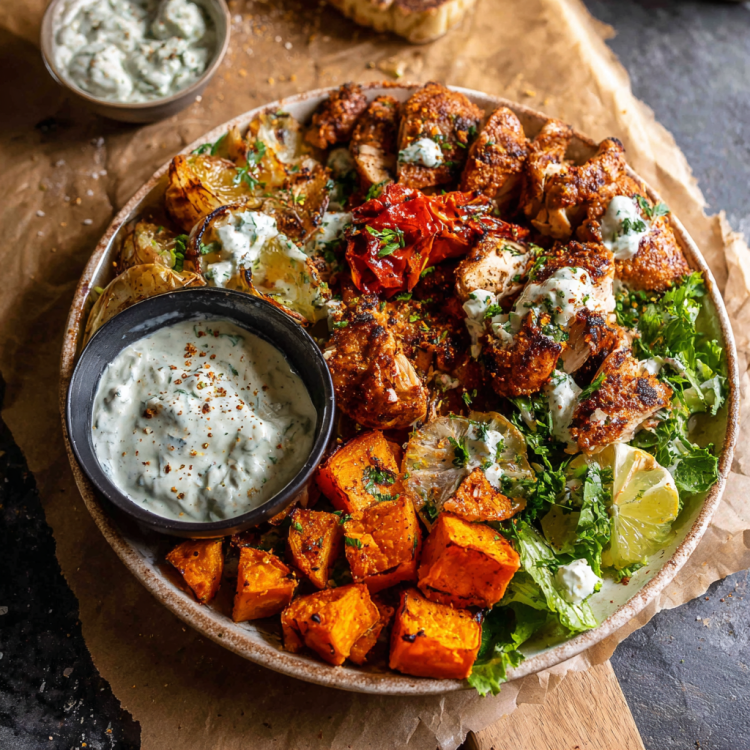 Sheet Pan Chicken Tzatziki and Sweet Potatoes - Snack On Meat