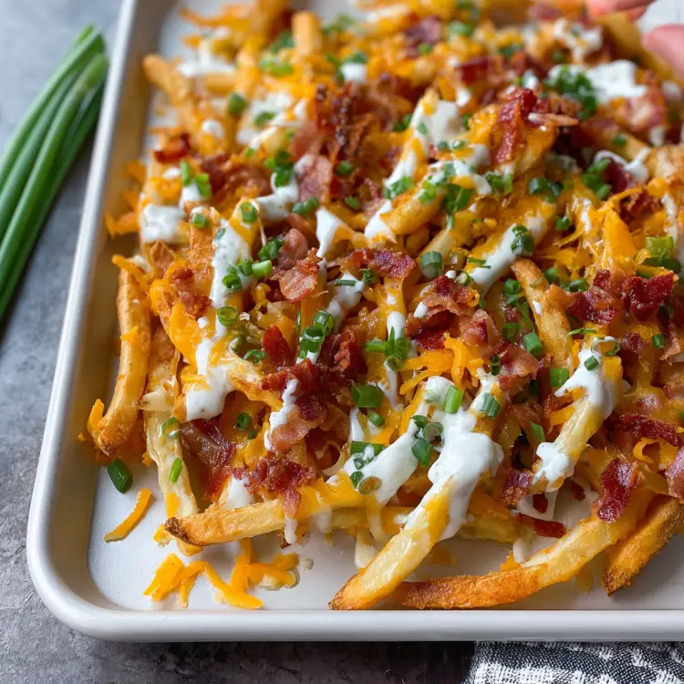 Loaded Fries with Bacon, Cheddar, and Ranch Dressing - Snack On Meat