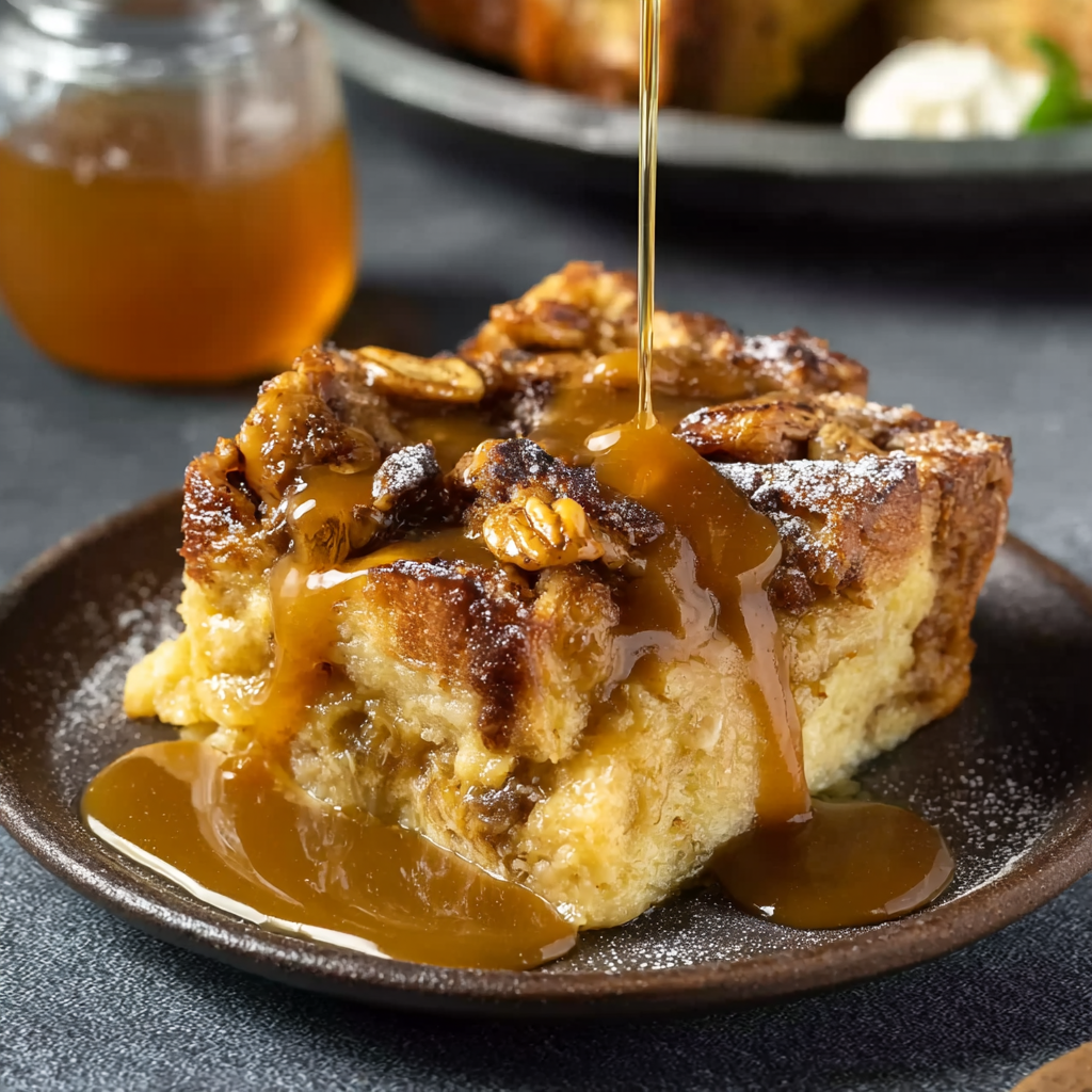 Classic Brioche Bread Pudding with Caramel Sauce - Snack On Meat