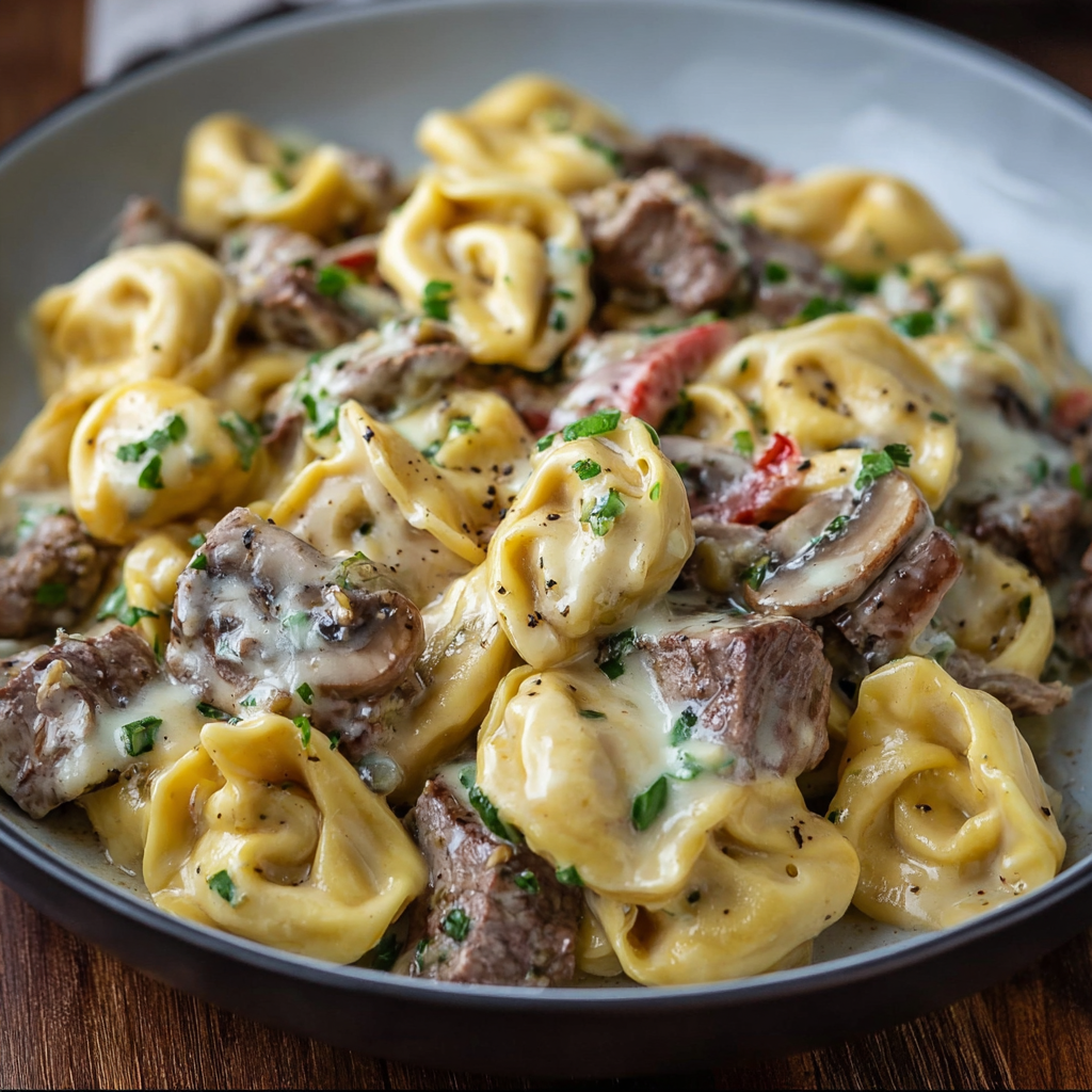 Philly Cheesesteak Tortellini Pasta - Snack On Meat