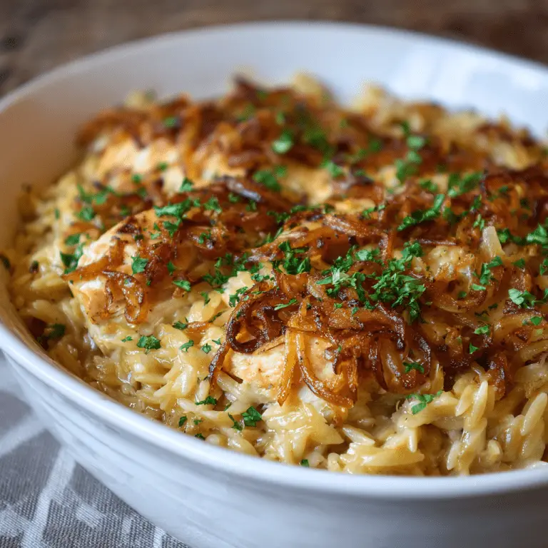 French Onion Chicken Orzo Casserole - Snack On Meat